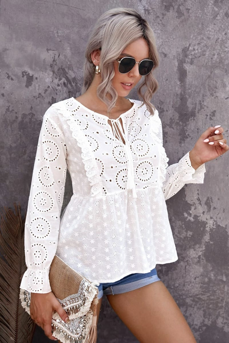 Cotton Eyelet Ruffled Tassel Top – SecretStyleSource.com